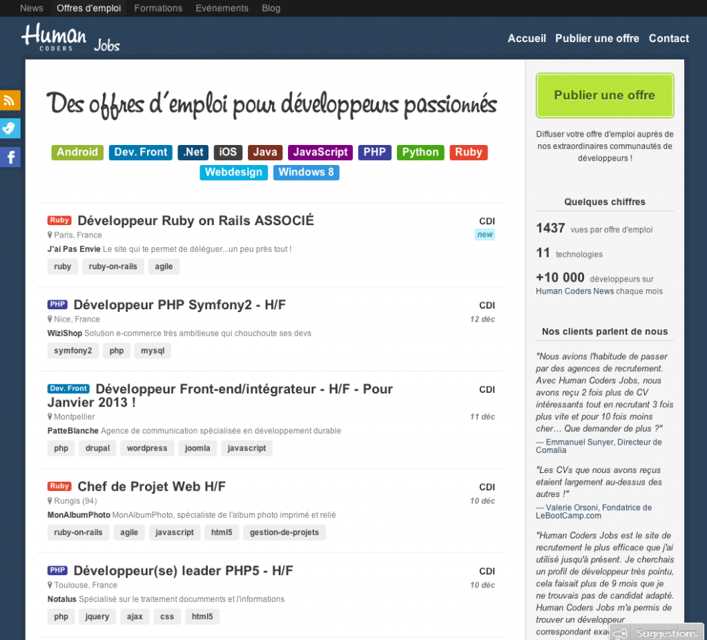 SAAS : Human coders jobs - Developpeur / integrateur web (Growth Hacker)